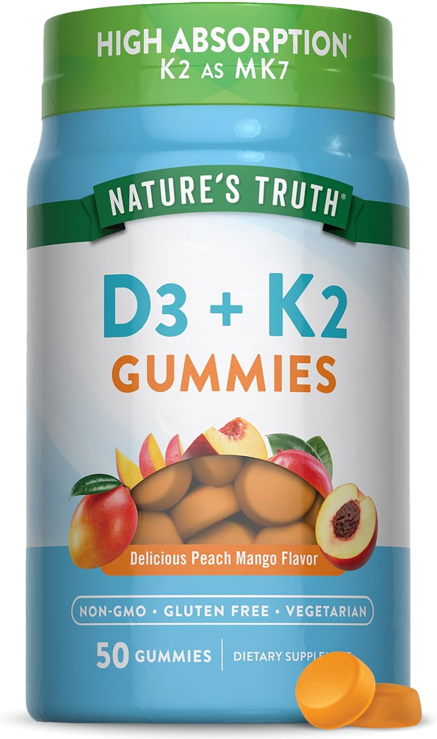 Nature's Truth Vitamin K2 + D3 + Calcium Gummies, 50ct, Peach Mango ...