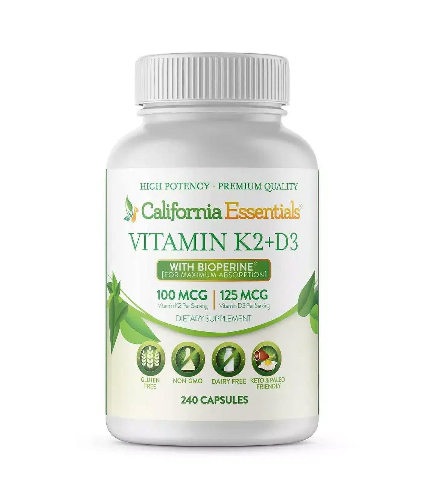 Vitar Life Vitamin K2 (MK7) + D3 5000 IU Bone & Heart Health Non GMO ...