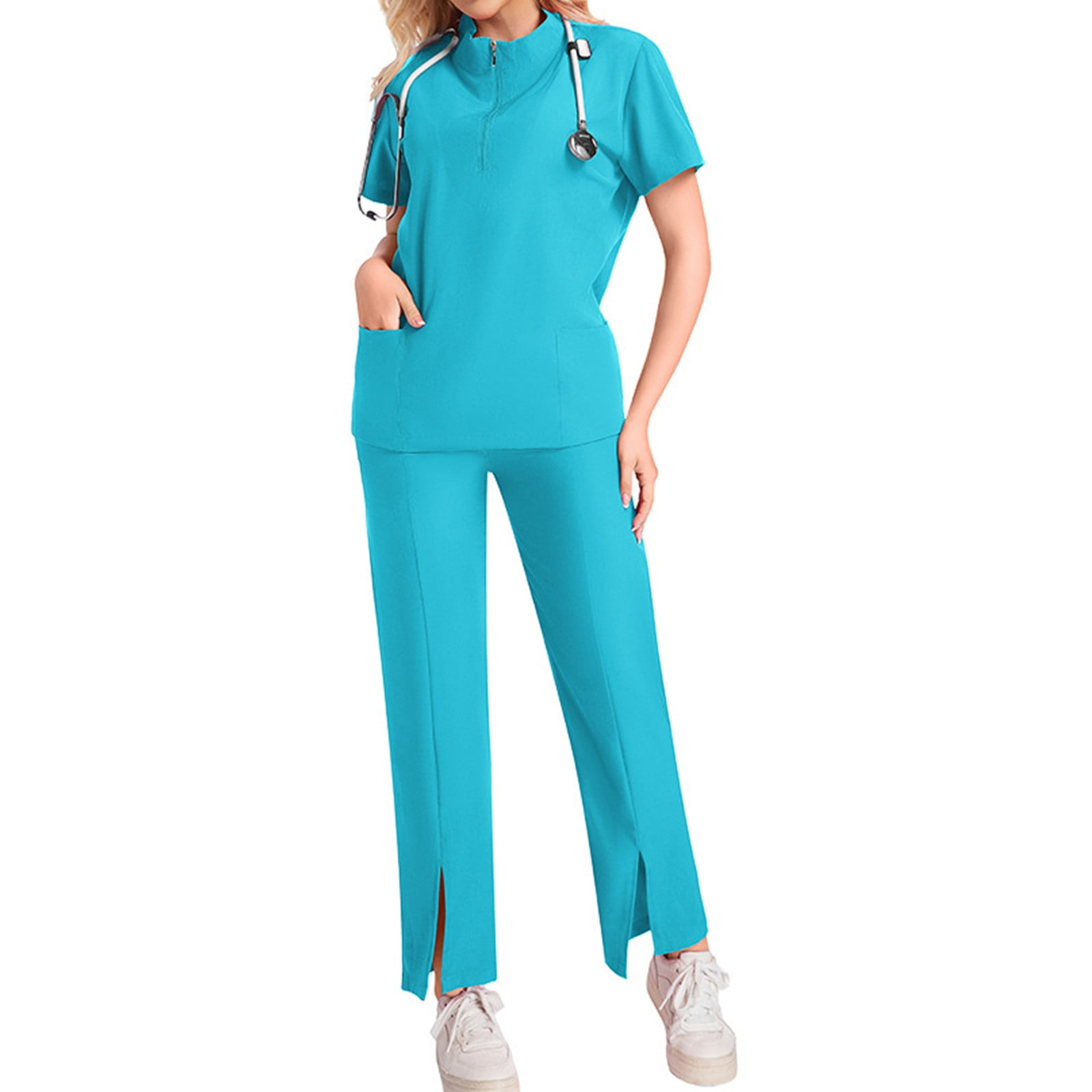 Vitastitch Scrubs for Women Set, Women's Solid Color High Collar Pocket ...