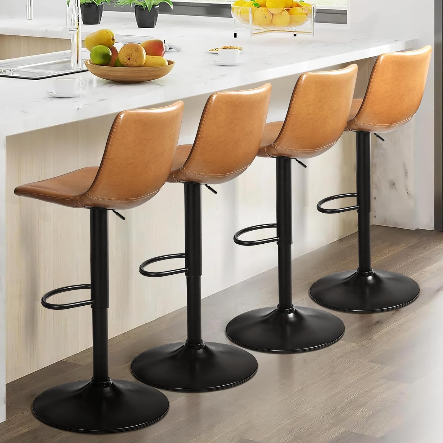 Waleaf Modern Adjustable Bar Stools Set of 4, Faux Leather Upholstered ...
