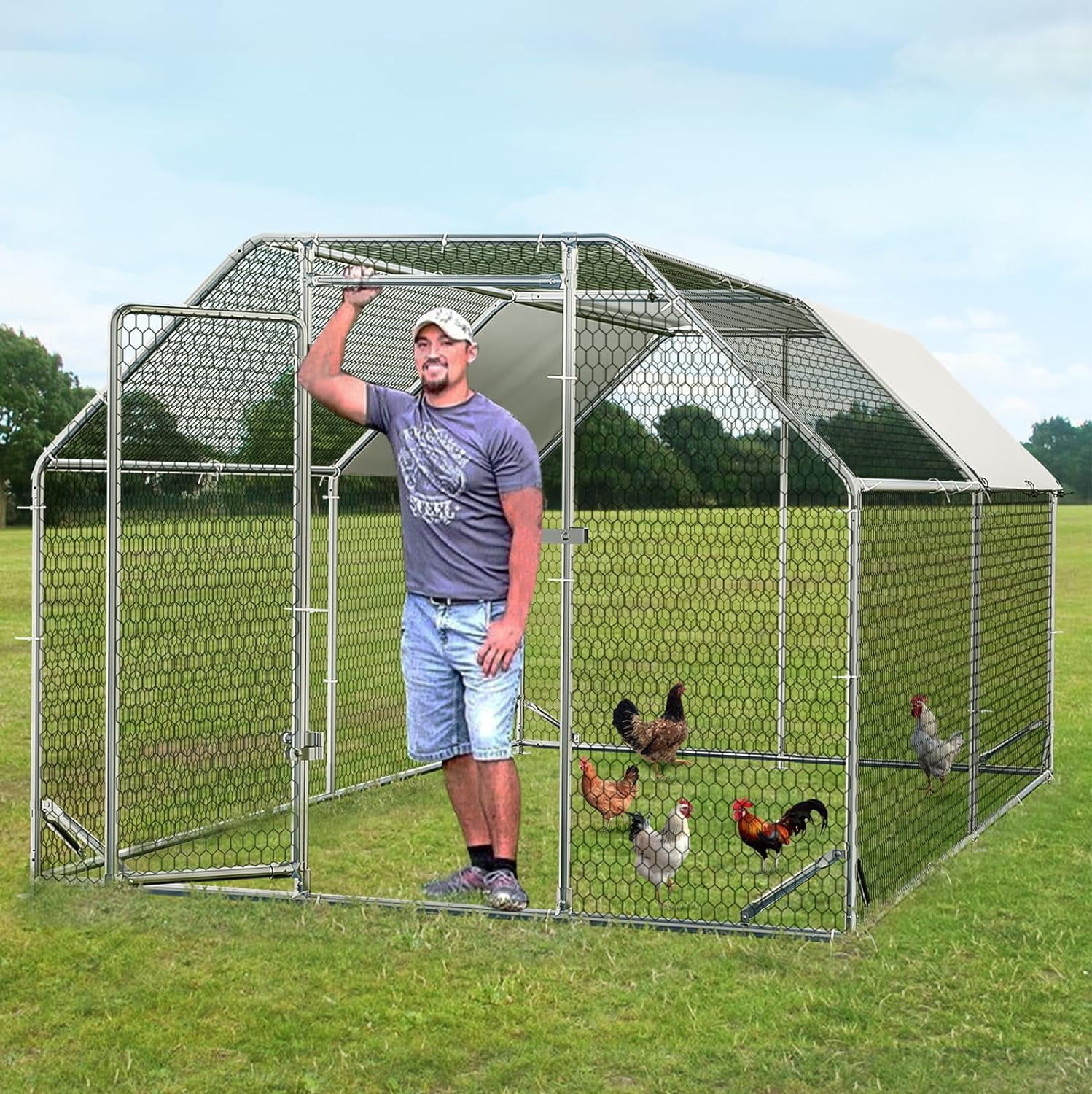 Vitesse Large Metal Chicken Coop, Walk-in Poultry Cage with Weather ...