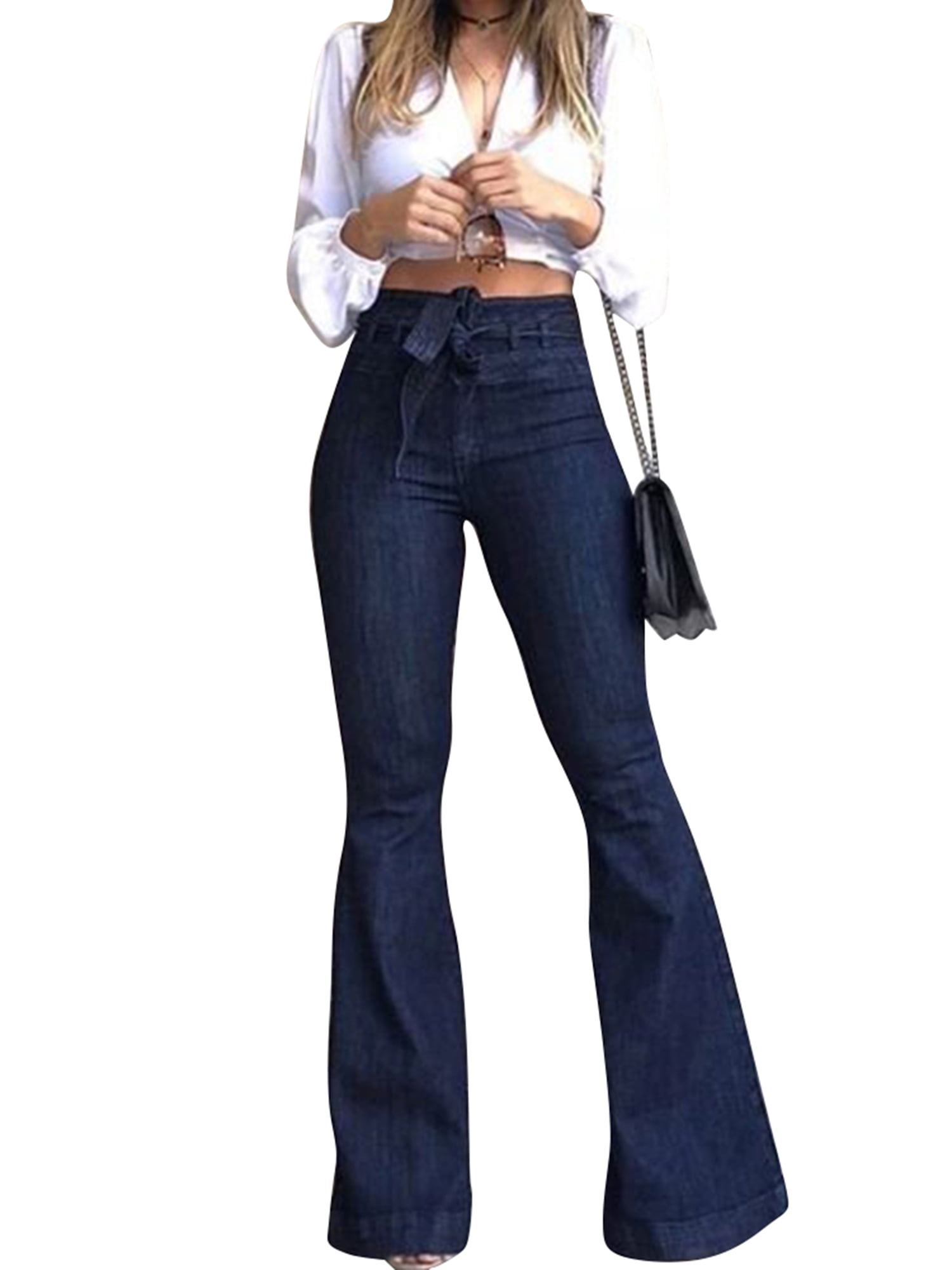 Vitmona Women's High Waist Lace-up Flared Wide Leg Jeans - Walmart.com