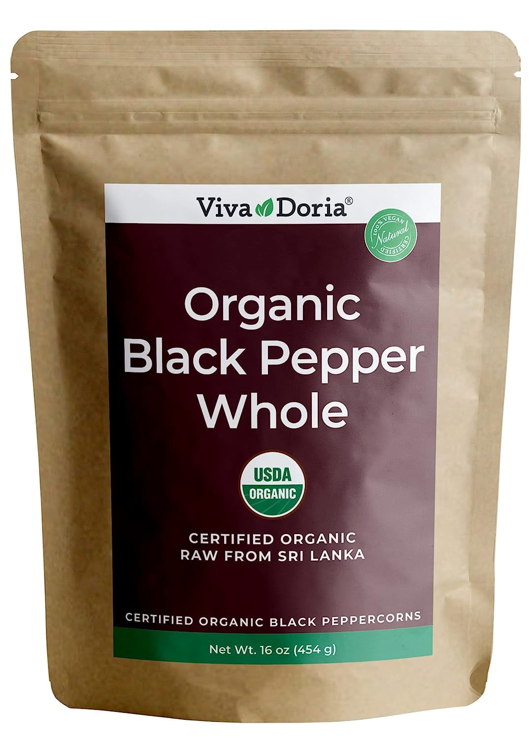 Viva Doria Whole Black Pepper, USDA Certified Organic Sri Lankan Black ...