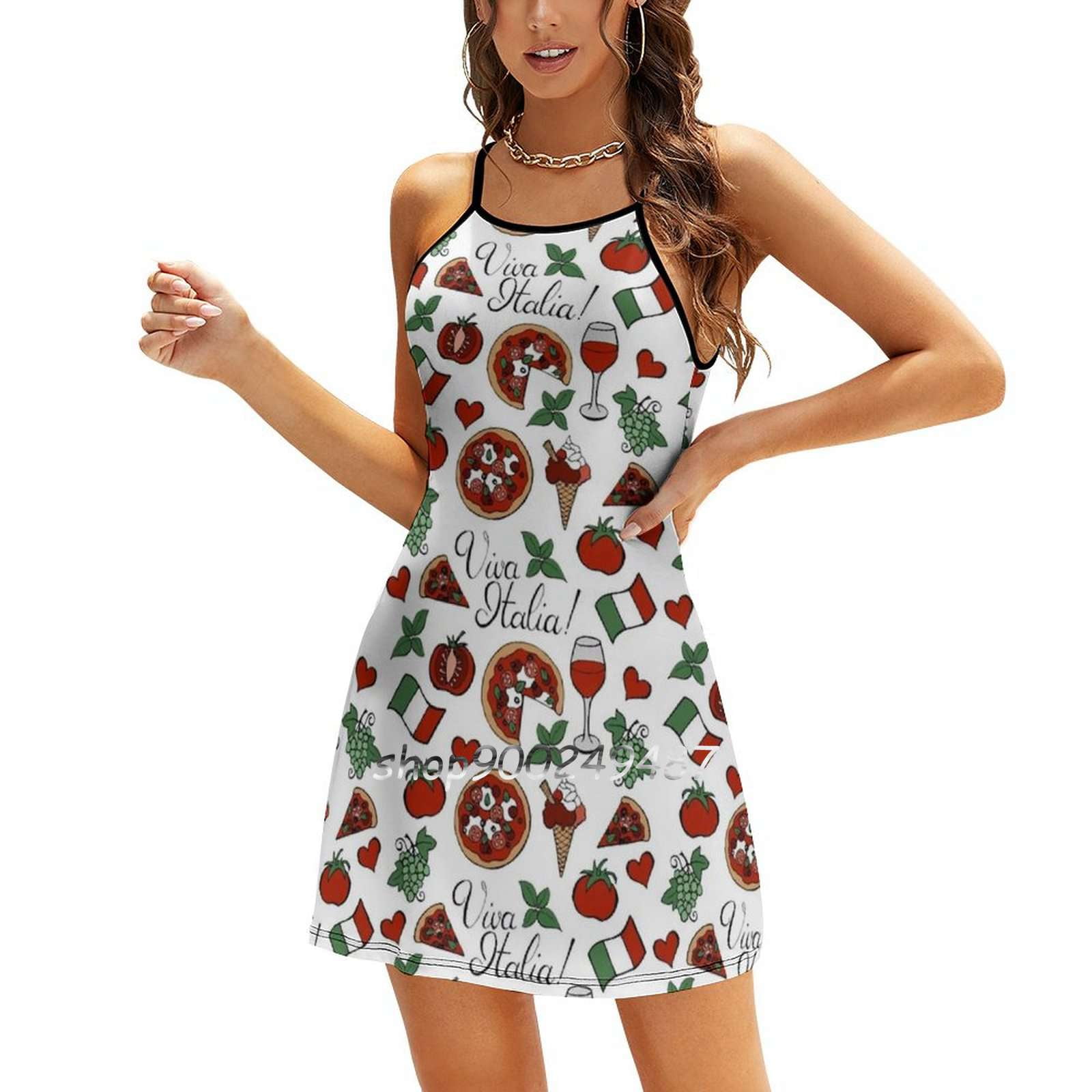 Viva Italia Pattern Flare Dress Square Neck Dress Elegant Female ...