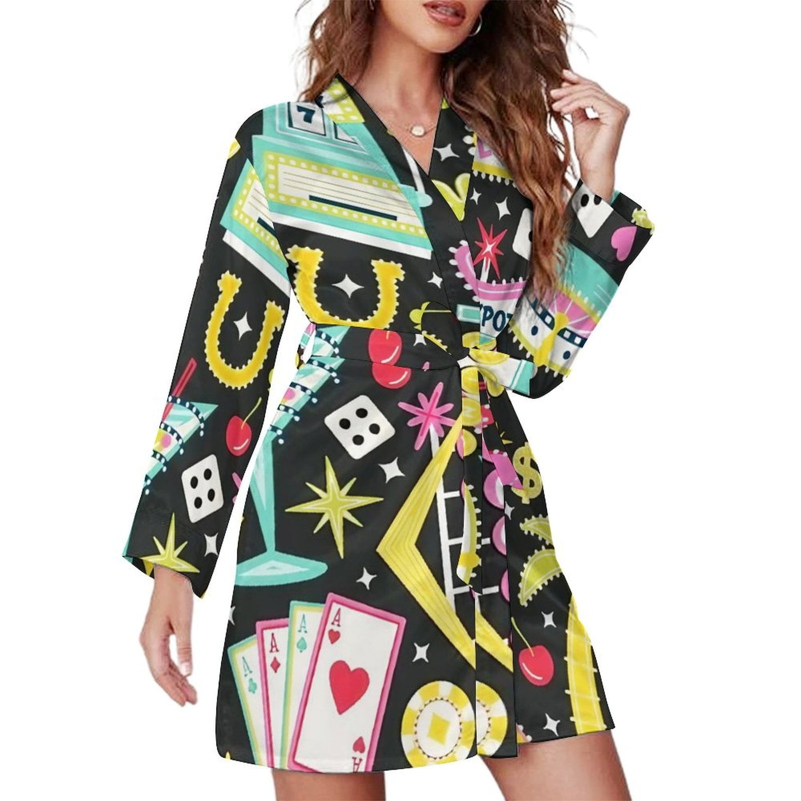 Viva Las Vegas Night Robe Long Sleeve V Neck Robe With Belt Women's ...