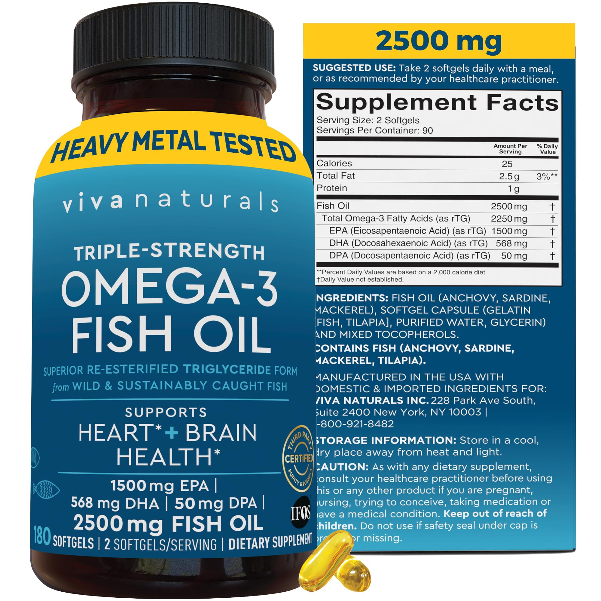 Viva Naturals Triple Strength Omega 3 Fish Oil Supplement - 2500 mg Fish Oil with Re-Esterified ...