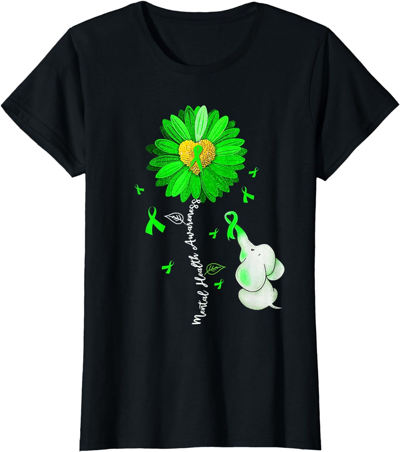 Vivay Mental Health Awareness Sunflower Green Ribbon Elephant T-Shirt - Walmart.com