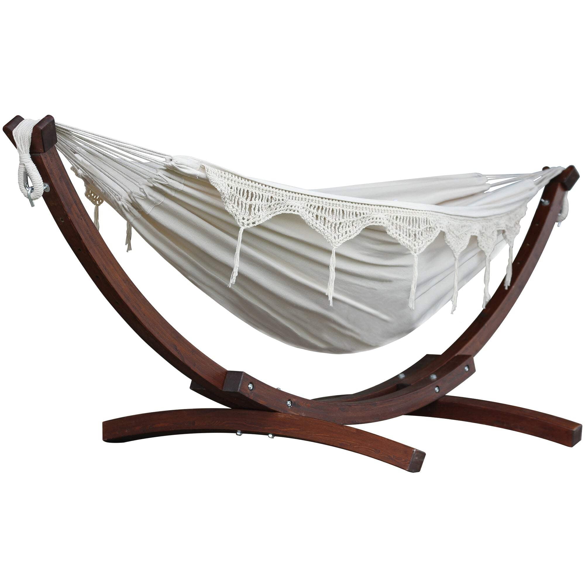 Vivere Double Cotton Hammock with Solid Pine Arc Stand, Adjustable Lay ...