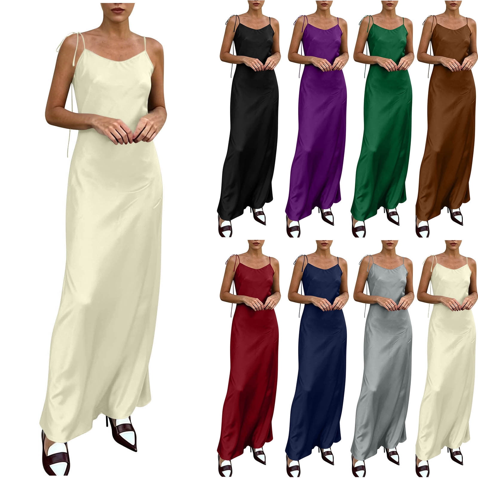 Vivianyo HD Women's Satin Slip Maxi Dress, Spaghetti Strap Cowl Neck ...