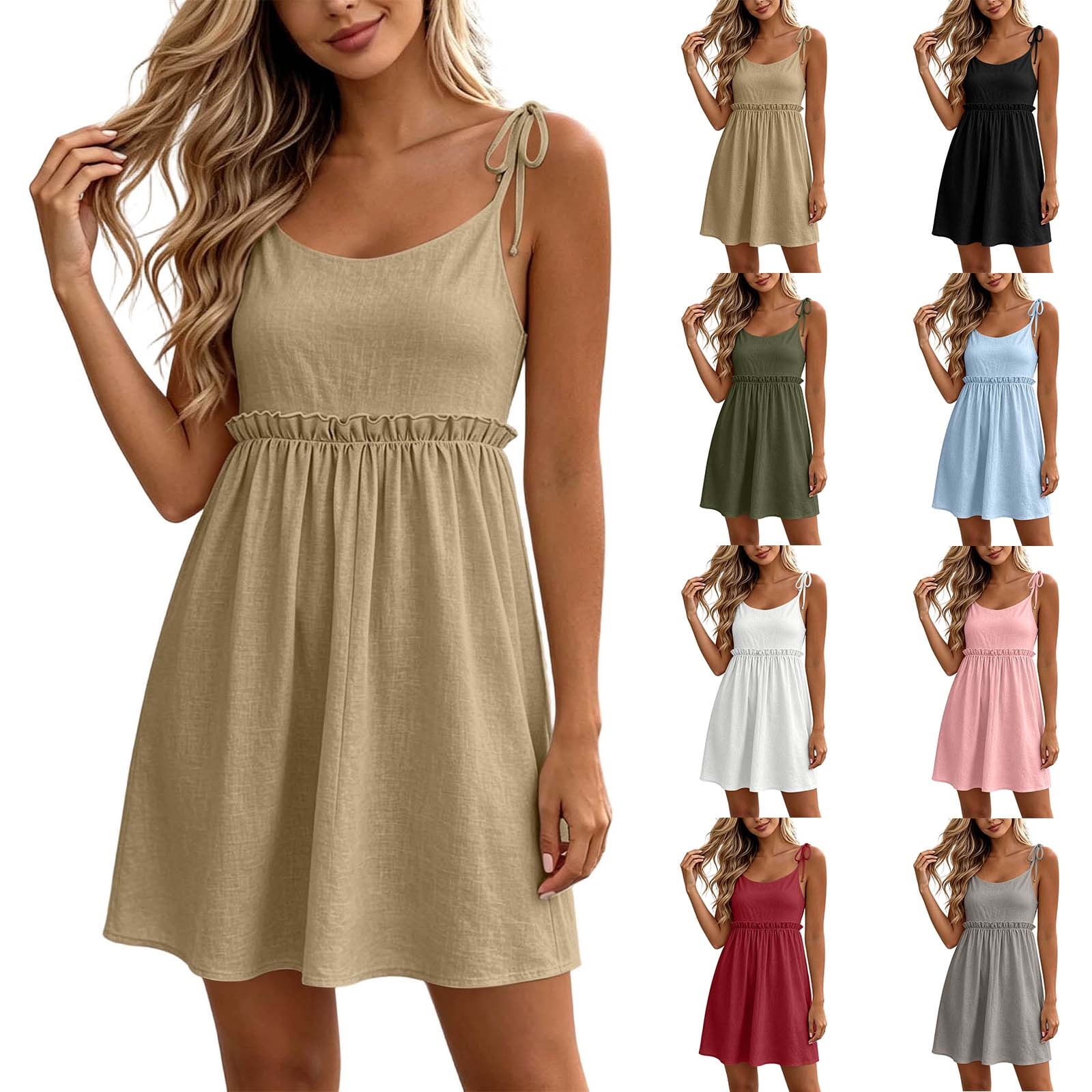 Vivianyo HD Women's Tie Strap Linen Blend Mini Dress, Square Neck ...