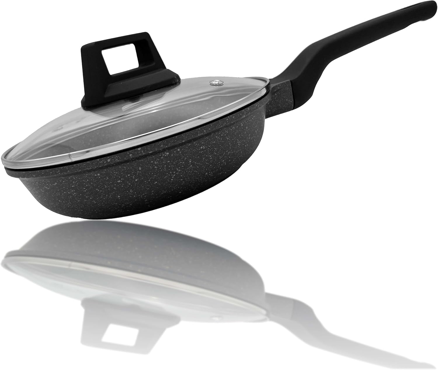 Vivicreate Cast Aluminum Deep Fry Pan with Lid, Marble Color Non-stick ...