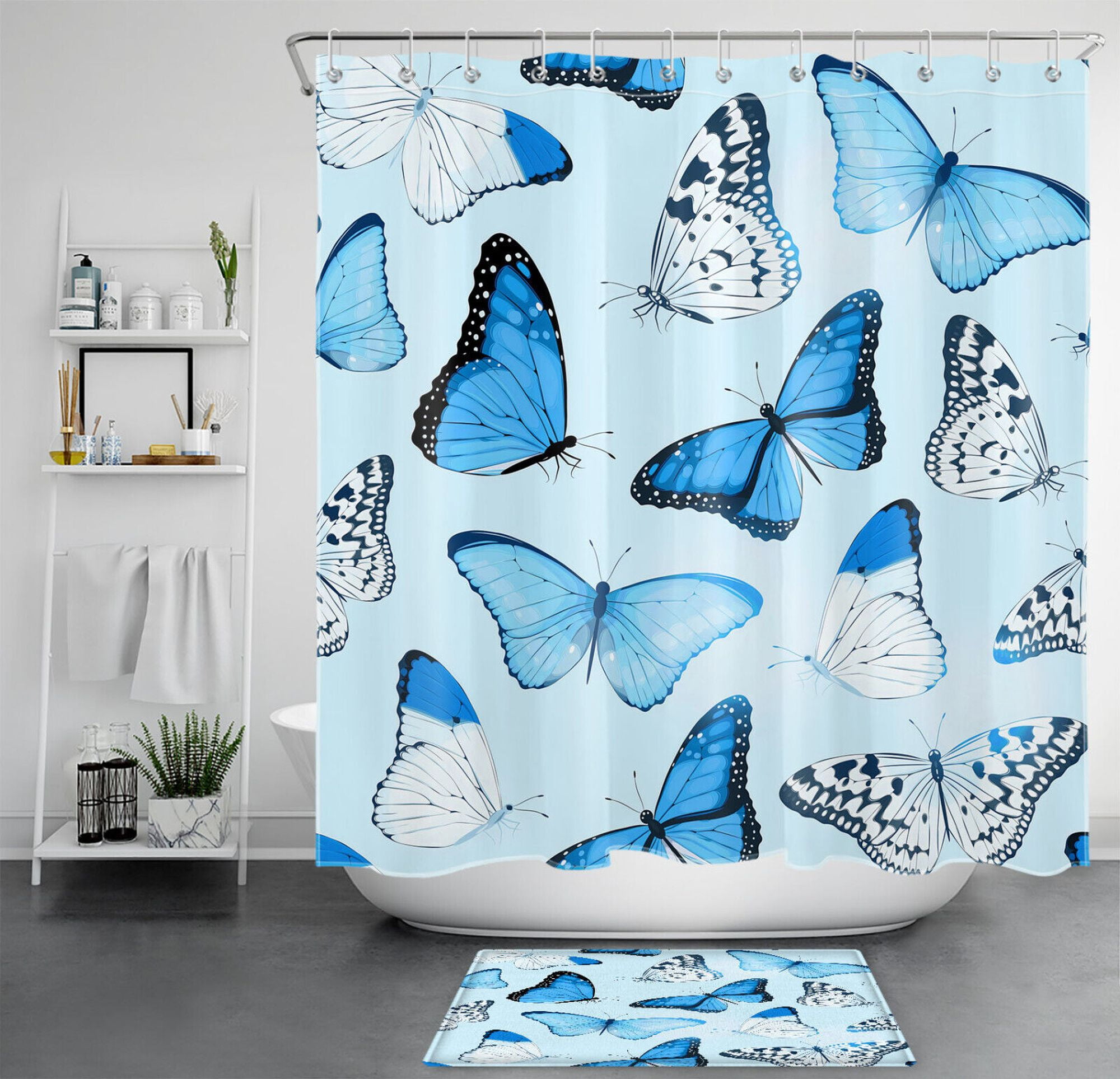 Vivid Blue Black Butterfly Shower Curtain Set for a Modern Nature ...