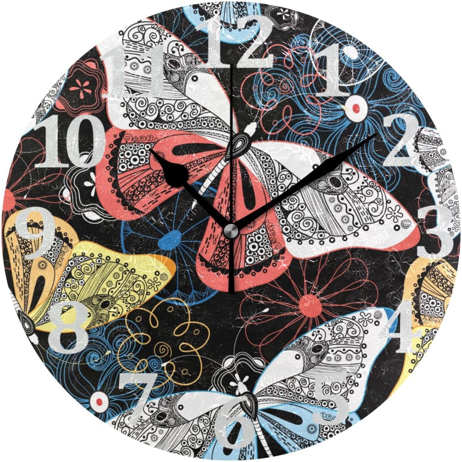 Vivid Butterfly Wall Clock Round Vintage Silent Non Ticking Battery ...