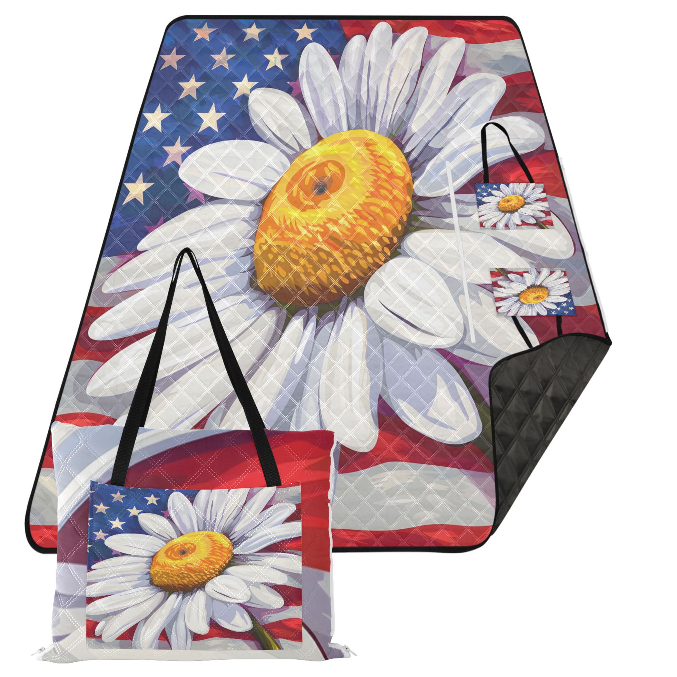 Vivid Daisy Flower and America Flat Extra Large Picnic Beach Blanket ...