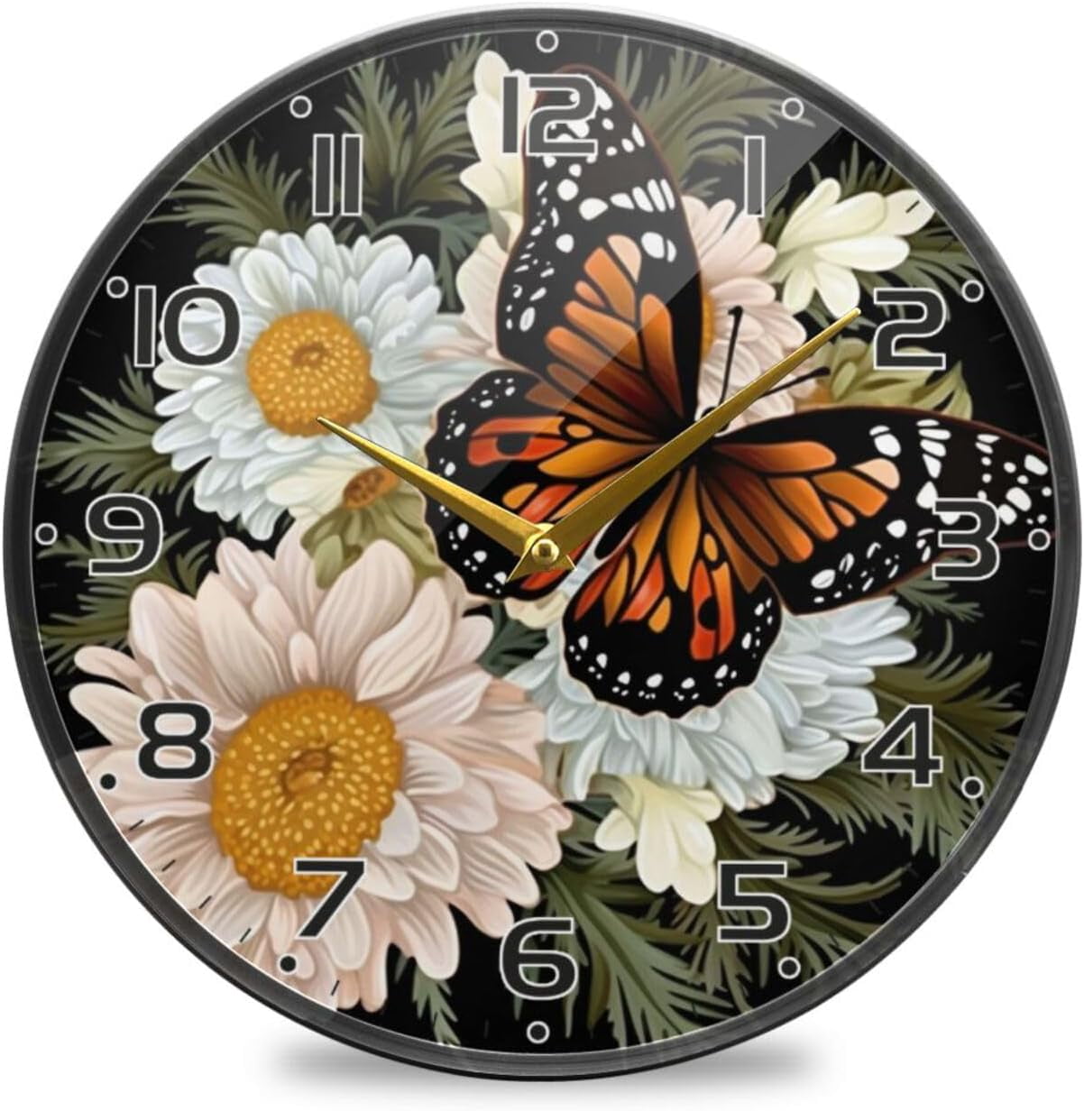Vivid Flower Butterfly Wall Clock Round Silent Non Ticking Battery ...