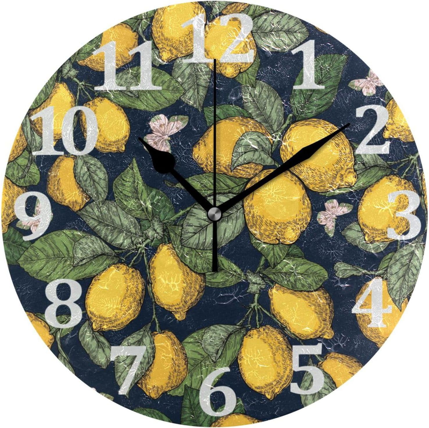 Vivid Lemon Wall Clock Round Vintage Silent Non Ticking Battery ...