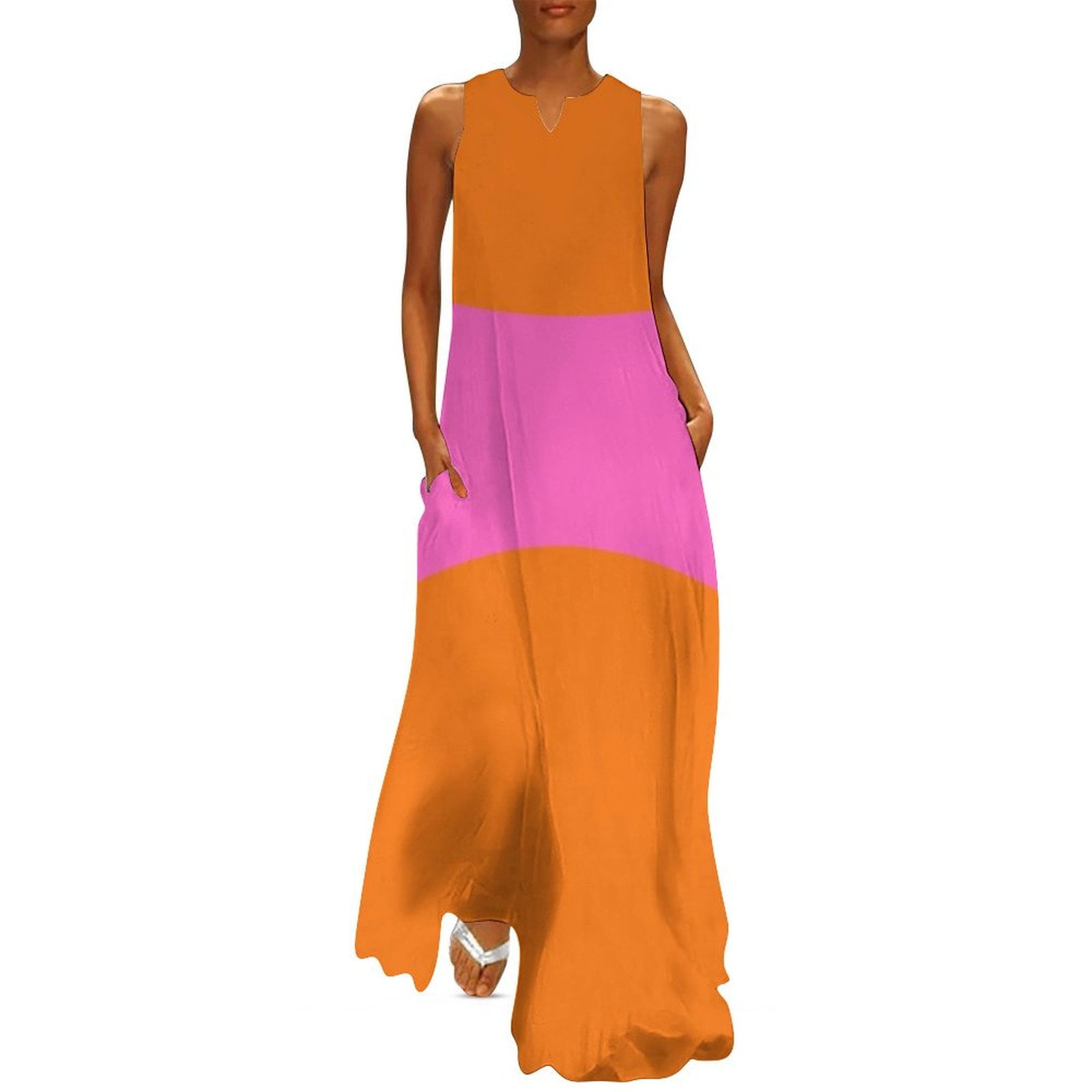 Vivid Orange and Hot Pink Colorblock Long Dress elegant women"s dresses ...