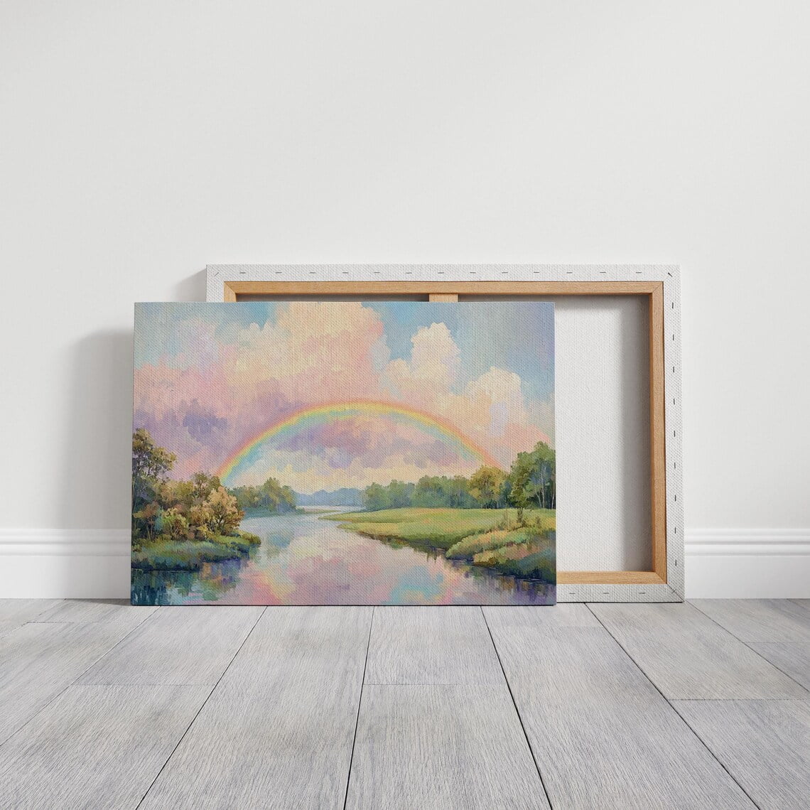 Vivid Rainbow Over Peaceful River Wall Art - Nature-Inspired Hangable ...