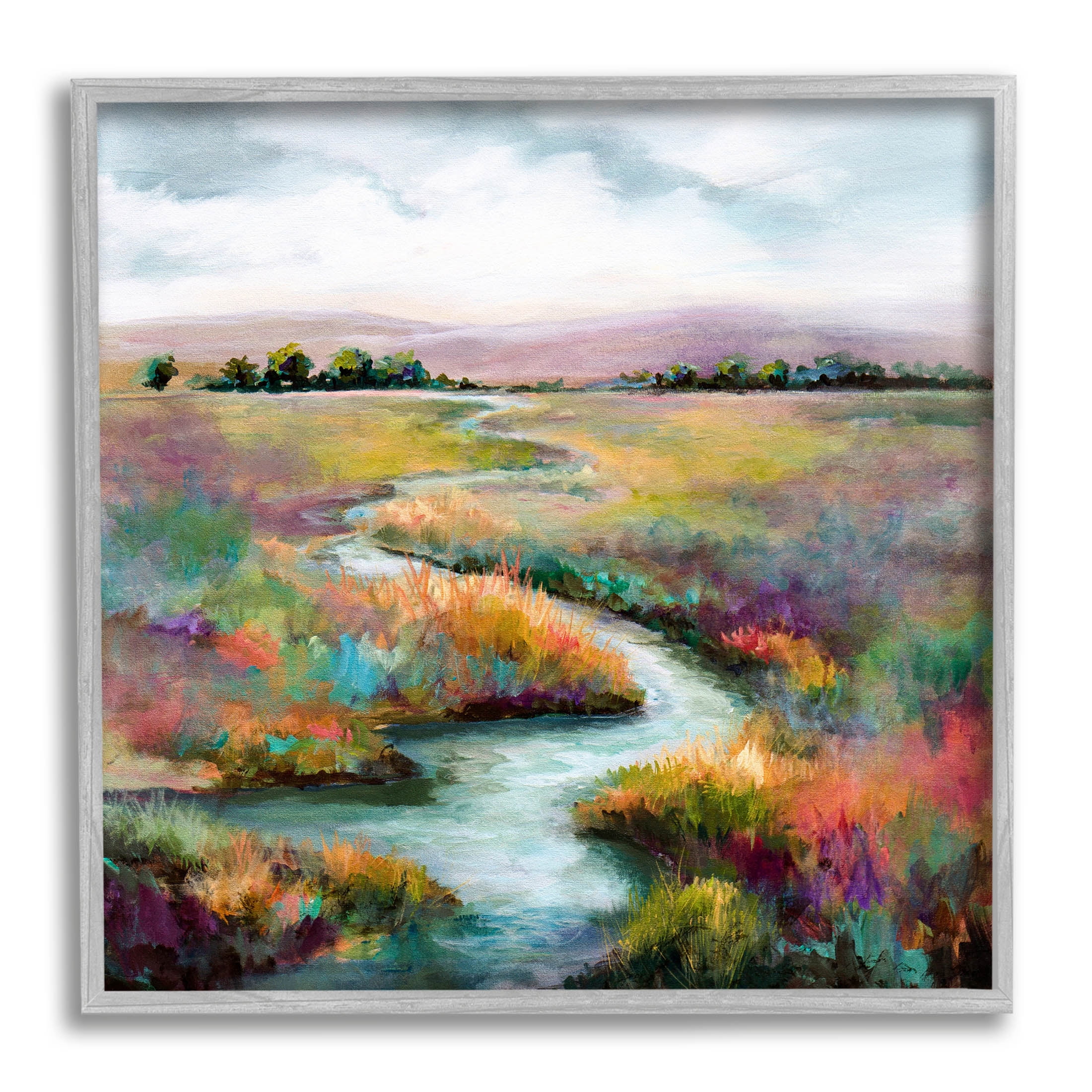 Vivid River Flowing Rural Vegetation Landscape Painting Gray Framed Art ...