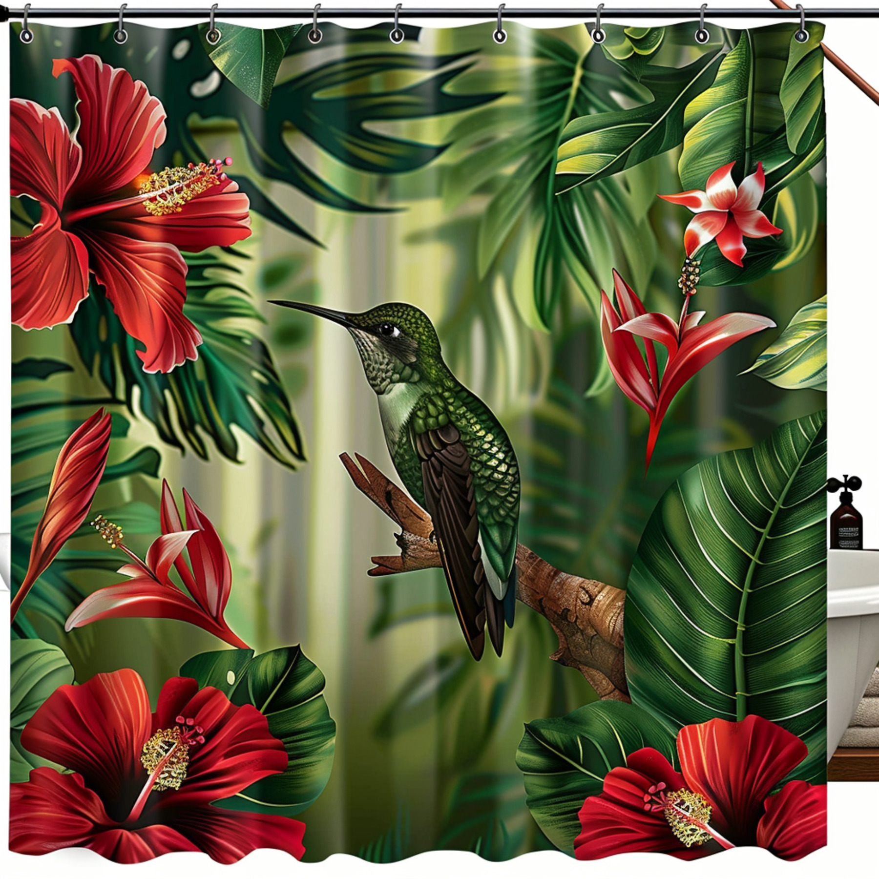 Vivid Tropical Rainforest Hummingbird And Flowers Shower Curtain Green