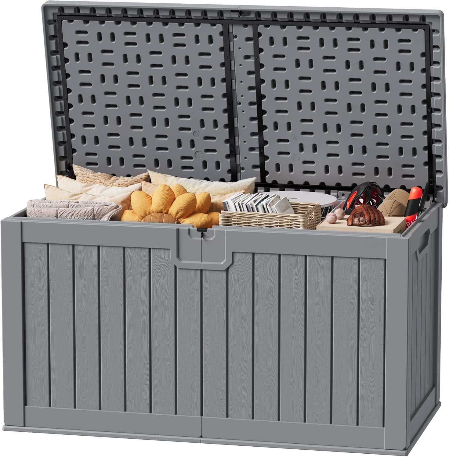 VividVibes 250 Gallon Outdoor Resin Deck Box with Divider, Waterproof ...