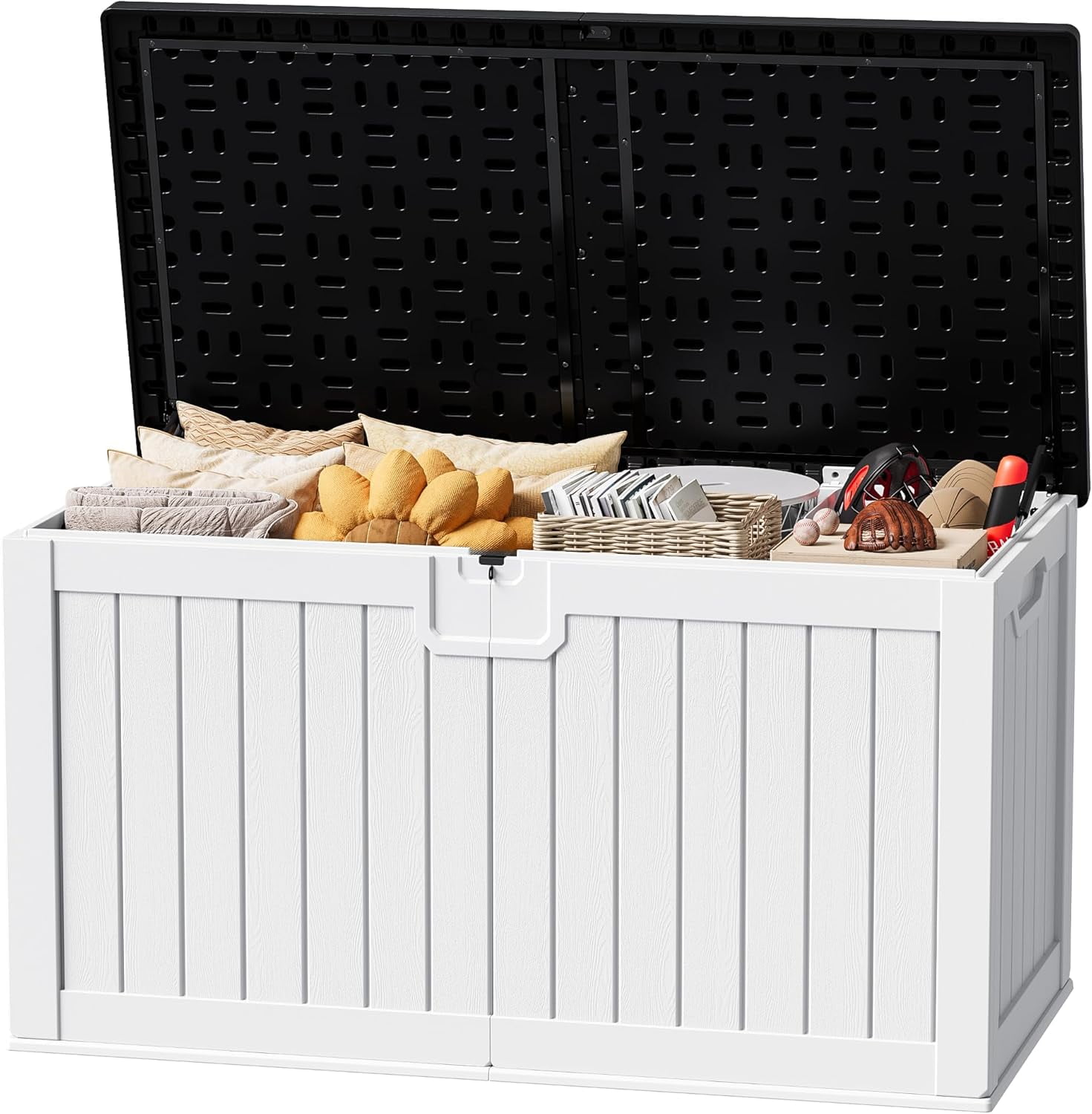 VividVibes 250 Gallon Outdoor Resin Deck Box with Divider, Waterproof ...