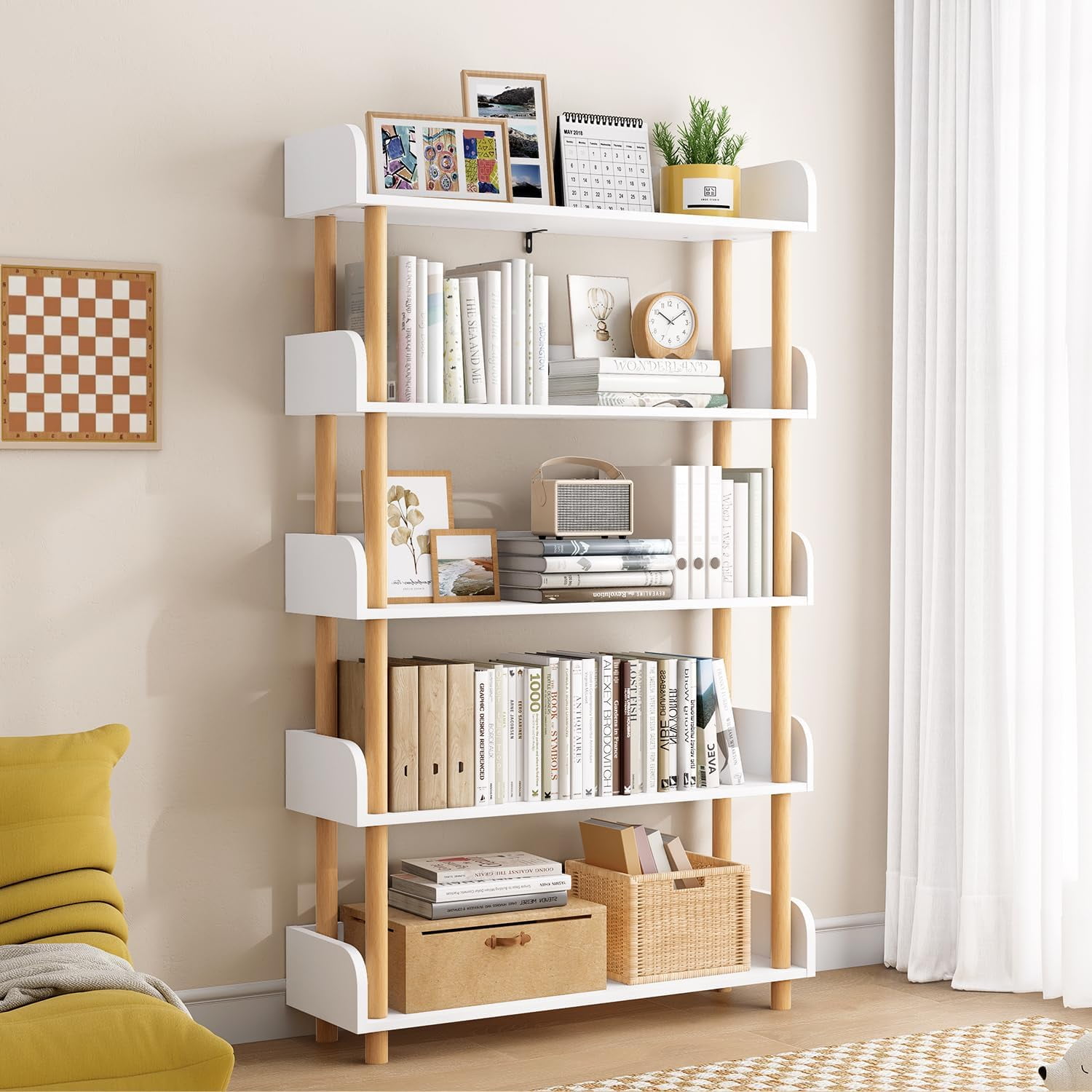 VividVibes 5-Tier Wooden Open Bookshelf, Modern Display Shelf with ...