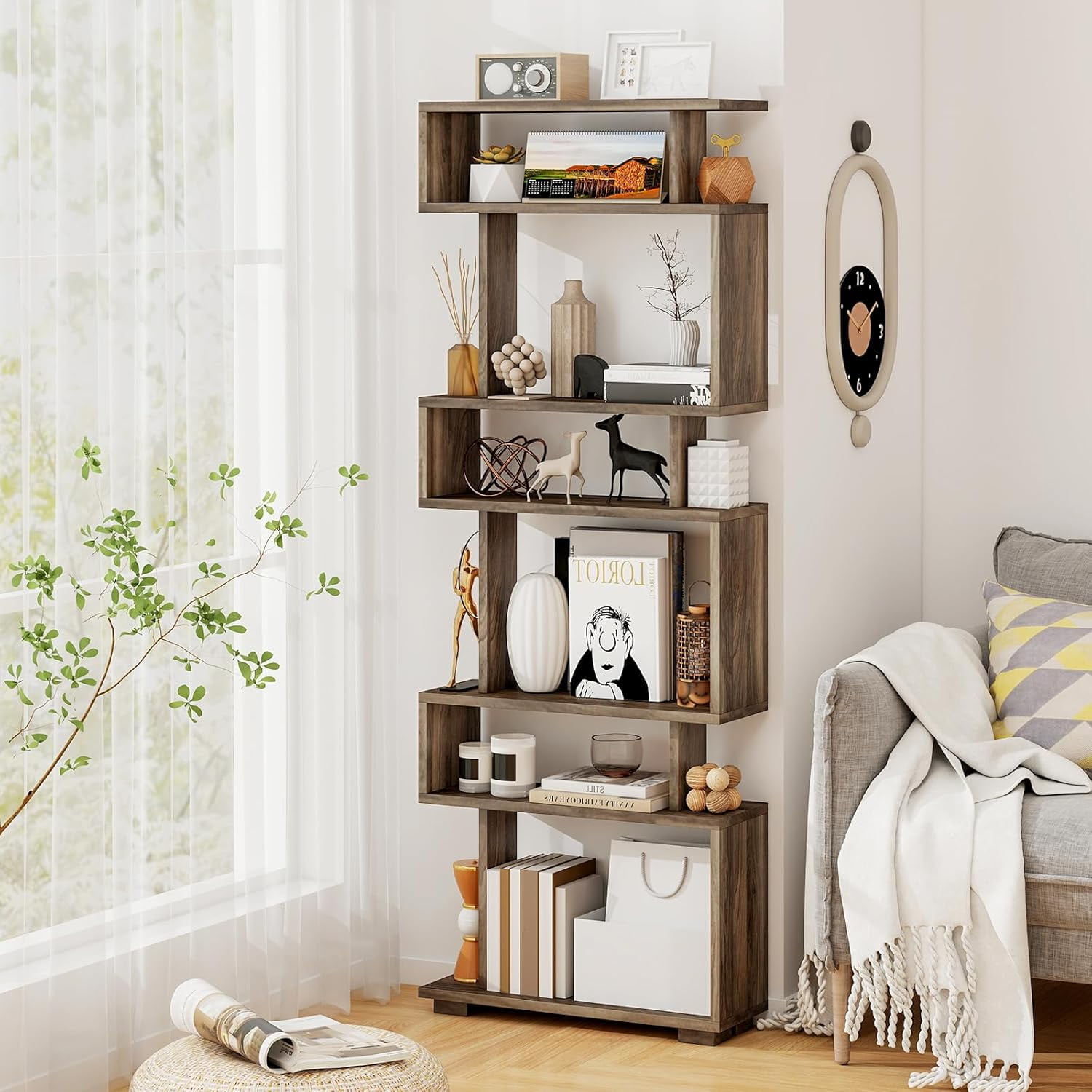 VividVibes 6-Tier S Shaped Bookcase, 64" Tall Modern Geometric ...