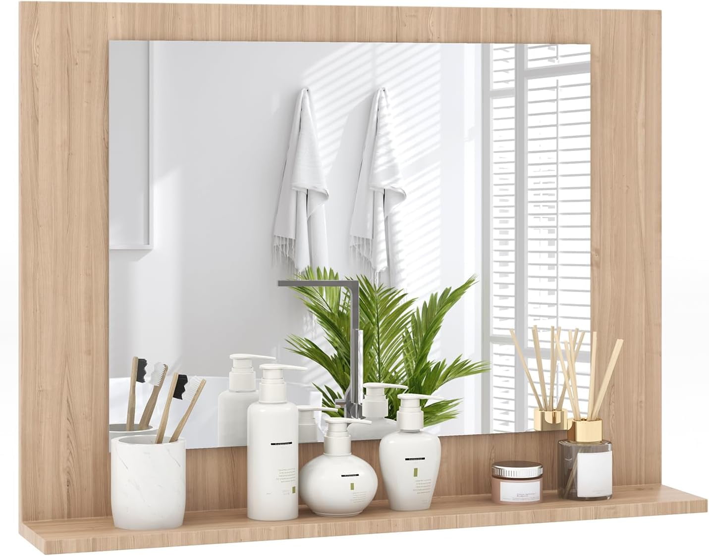 VividVibes Bathroom Mirror with Shelf, 23.5" x 17.5" Rectangle Wood Frame Bathroom Vanity Mirror ...