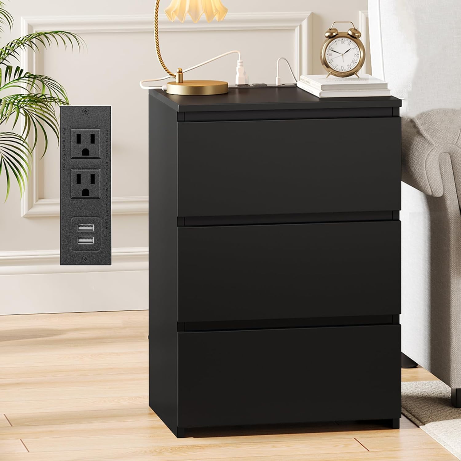 VividVibes Black Nightstand, 26" H Black Night Stand with Charging ...