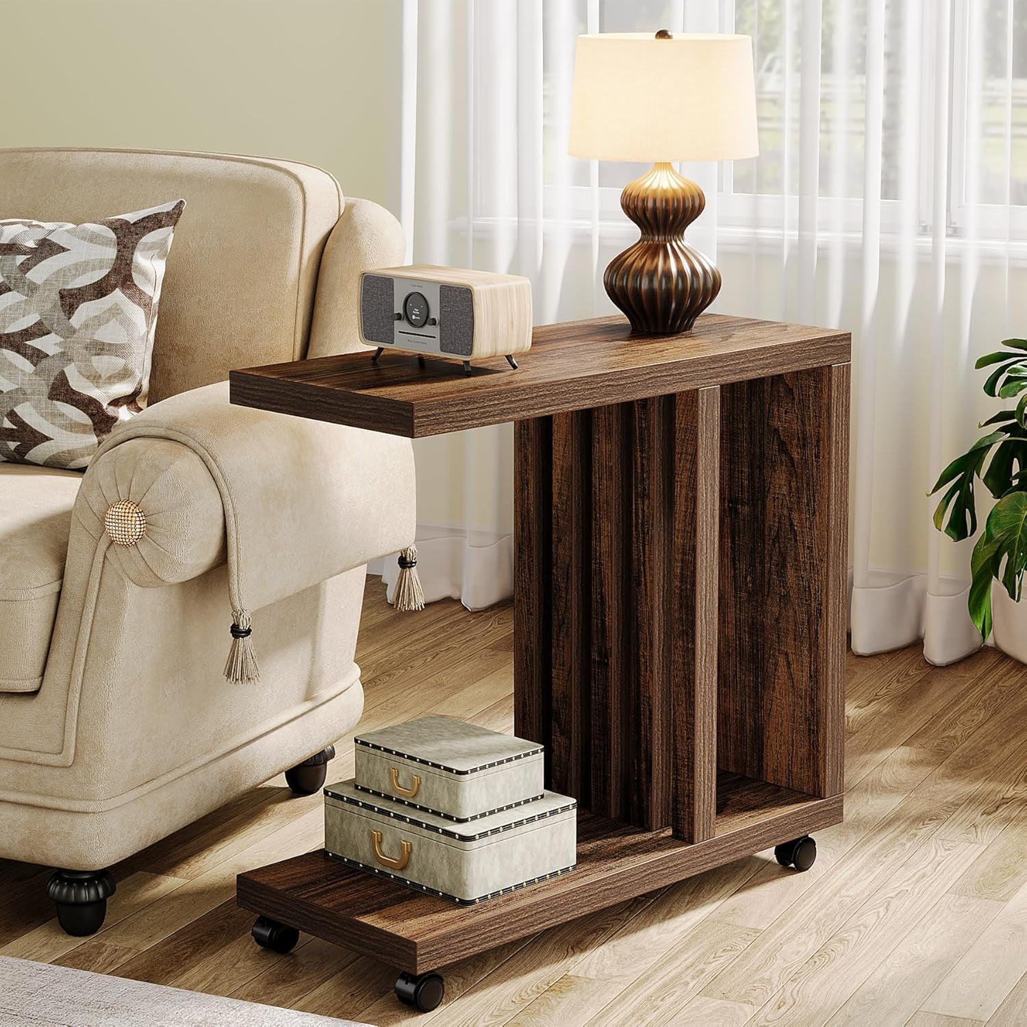VividVibes C Shaped End Table, Couch Side Table with Lockable Wheels, 2 ...