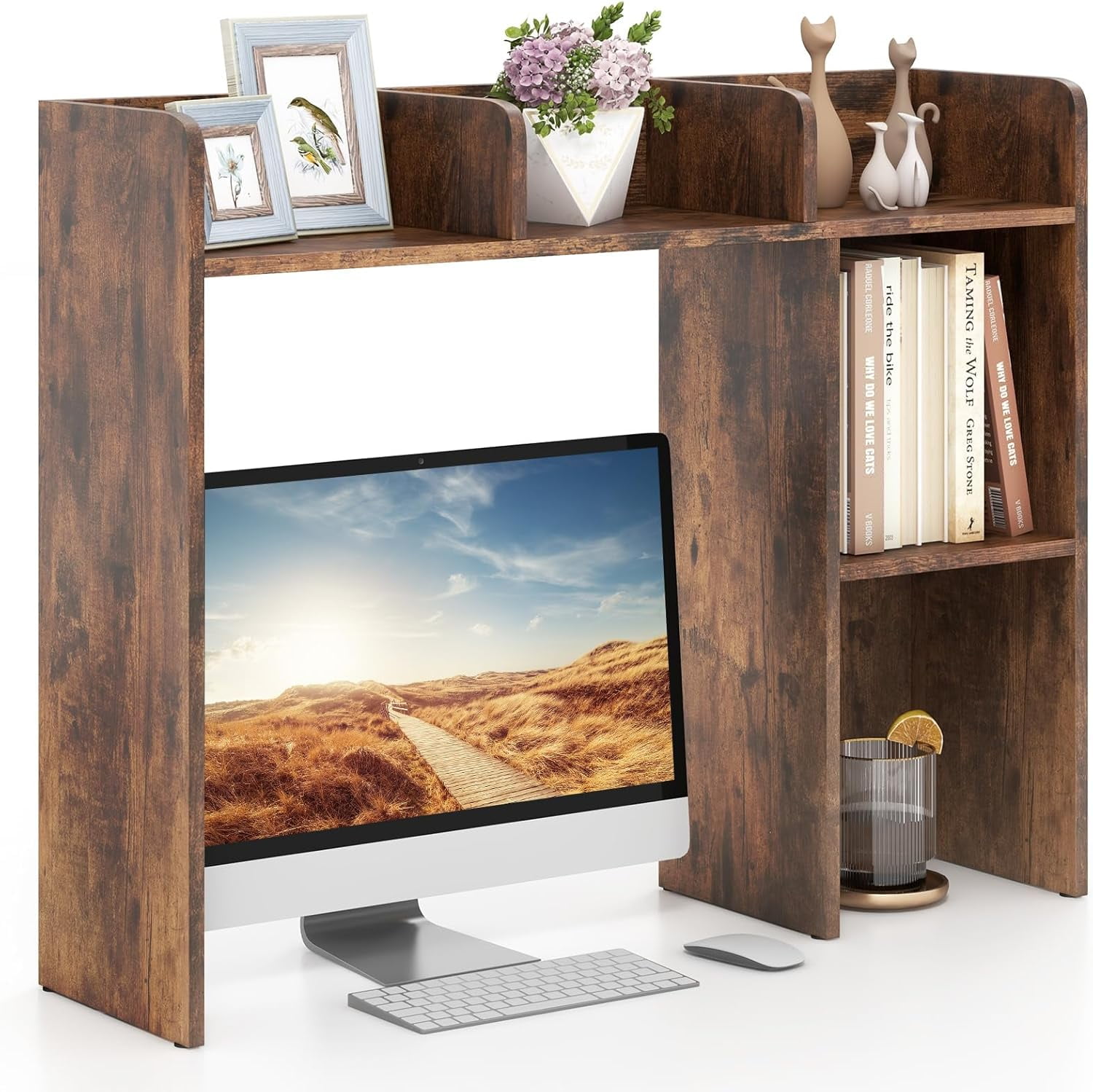 VividVibes Desktop Bookshelf, Wood Desk Hutch Organizer for 27 Inch ...