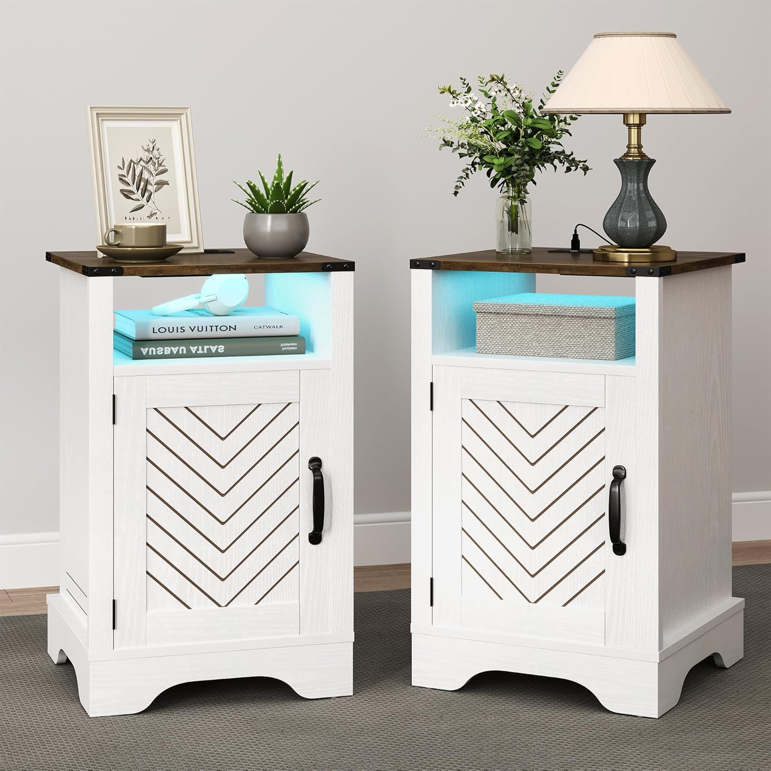 VividVibes Farmhouse Nightstand, White Night Stand with LED Lights and ...