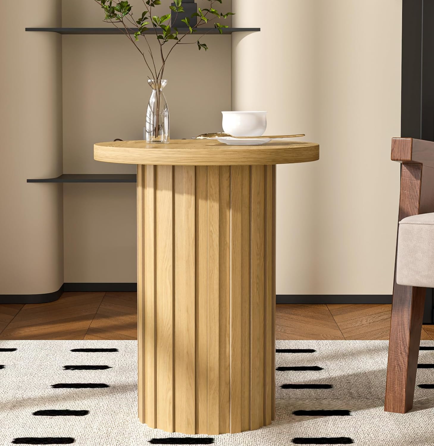 VividVibes Farmhouse Pedestal End Table Round Side Table with Fluted ...
