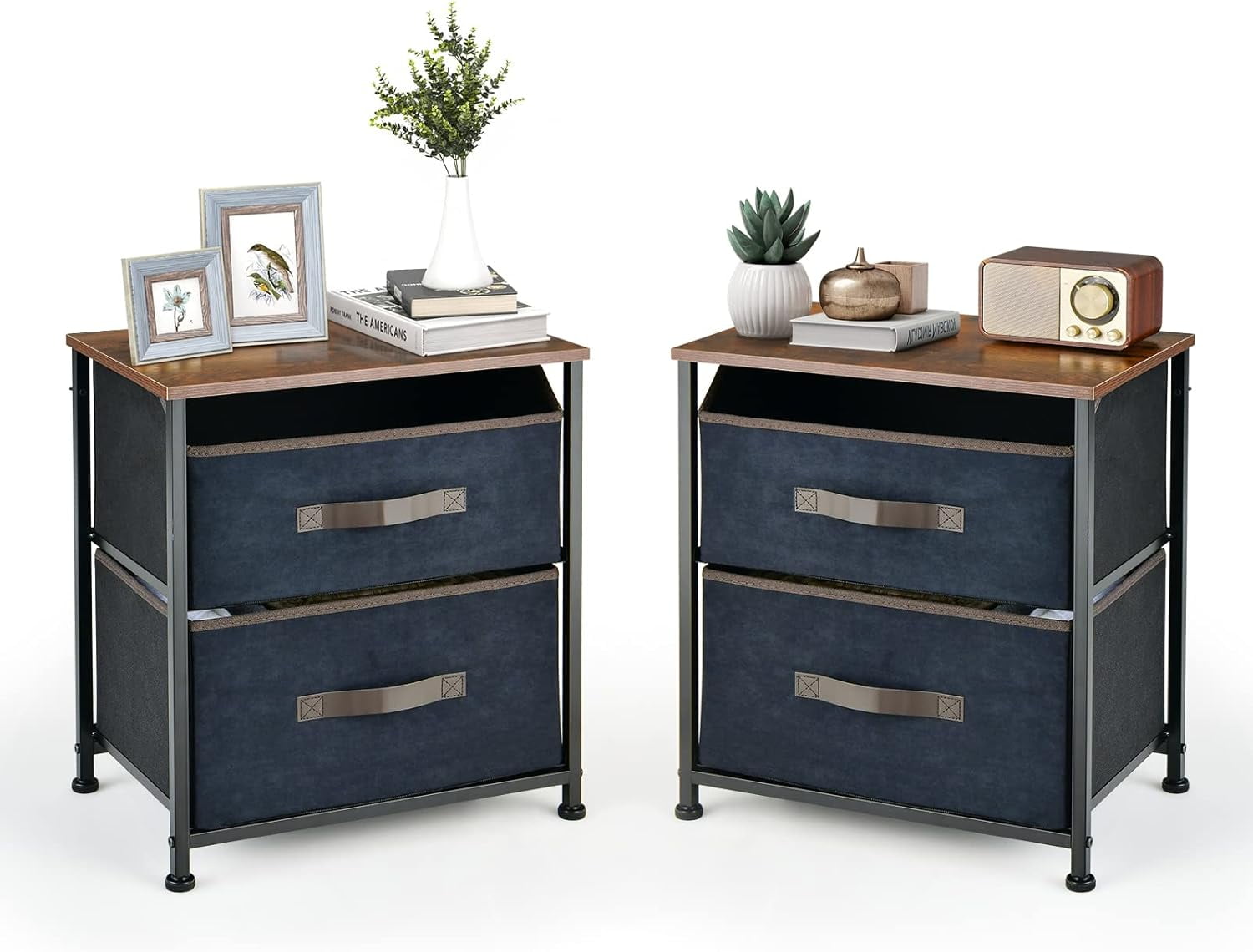 VividVibes Industrial Nightstand Set of 2, 2-Drawer Dresser with Metal ...