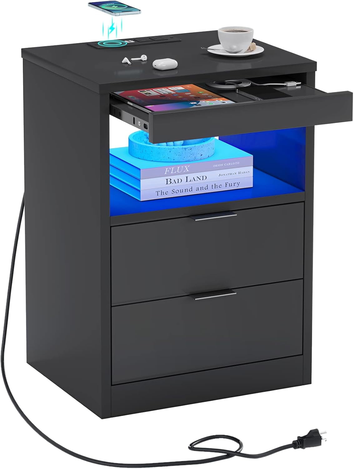 VividVibes LED Nightstand Black Nightstand with Wireless Charging ...