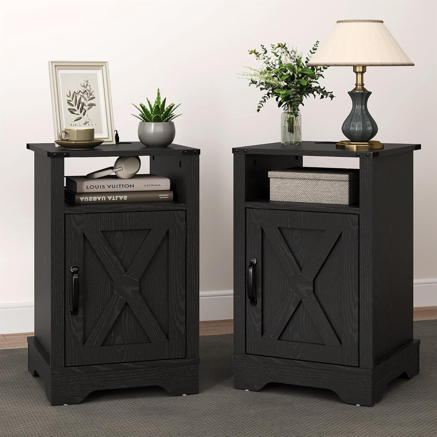 VividVibes Nightstand Set of 2, Black End Table with Charging Station ...