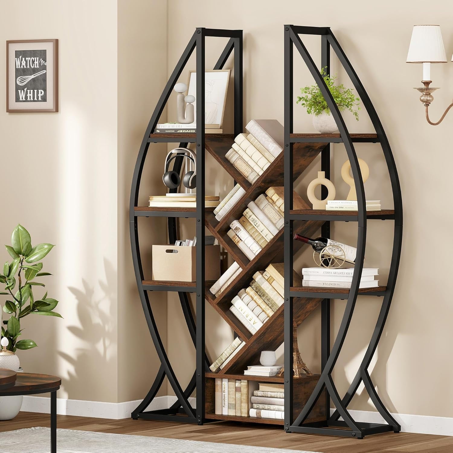 VividVibes Oval Bookshelf, 5 Tier Etagere Bookcase Industrial Display ...
