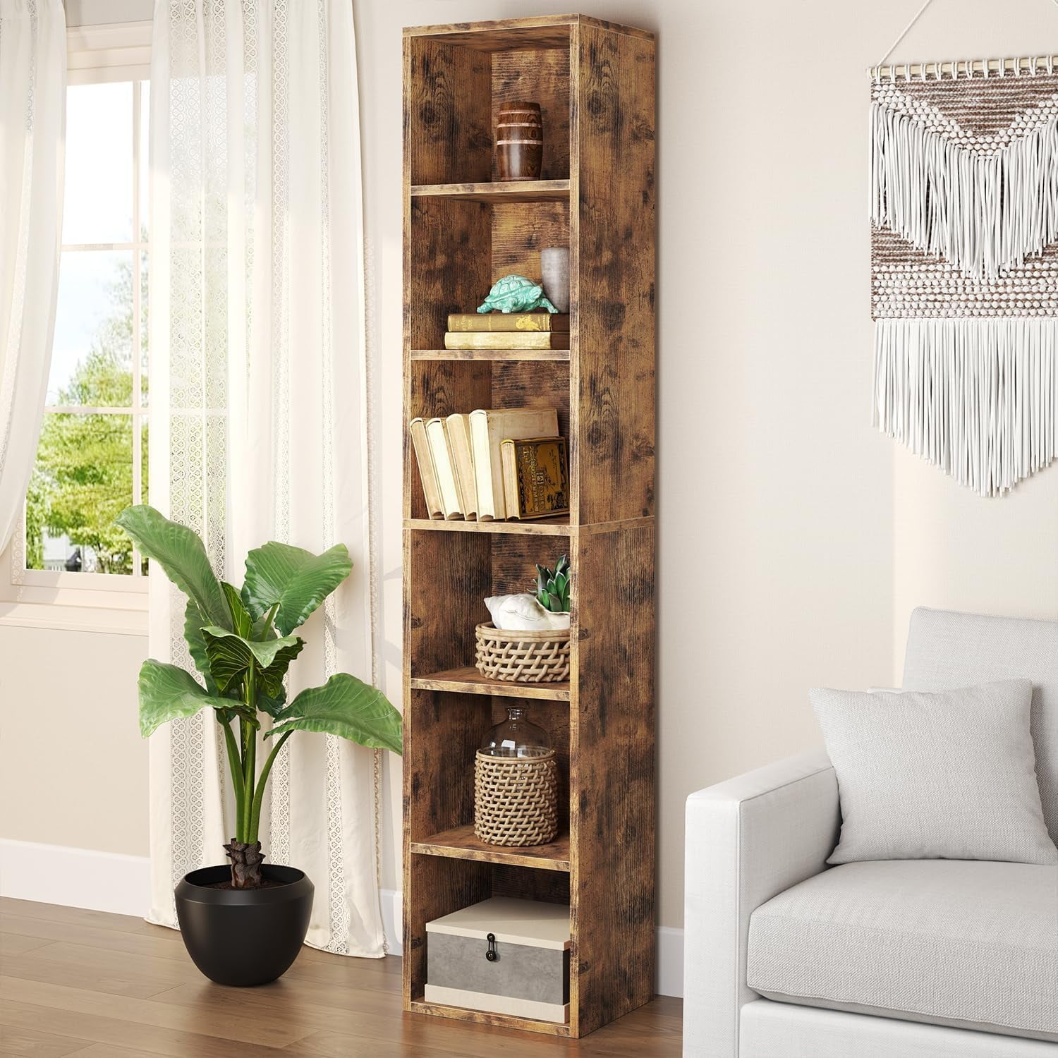 VividVibes Tall Narrow Bookshelf, 6-Tier Cube Display Rack, Modern ...
