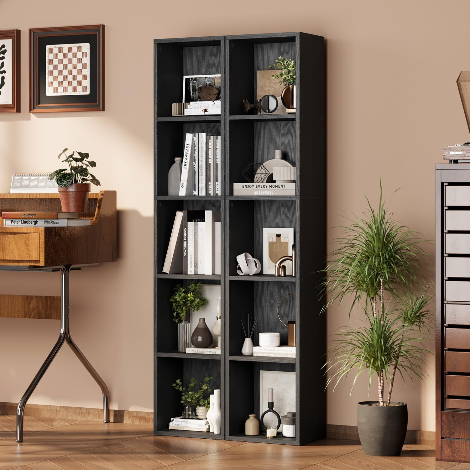 VividVibes Tall Narrow Bookshelf Set of 2, 5-Tier Cube Display Rack ...