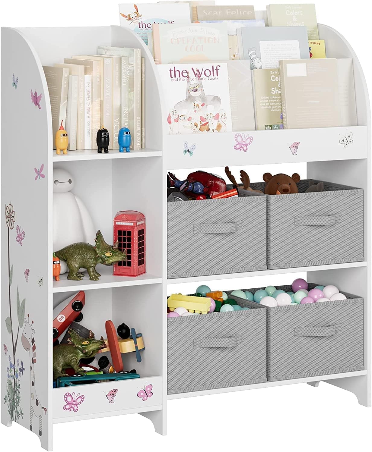 VividVibes Toy Storage Organizer, Kids Bookshelf with 4 Fabric Bins ...