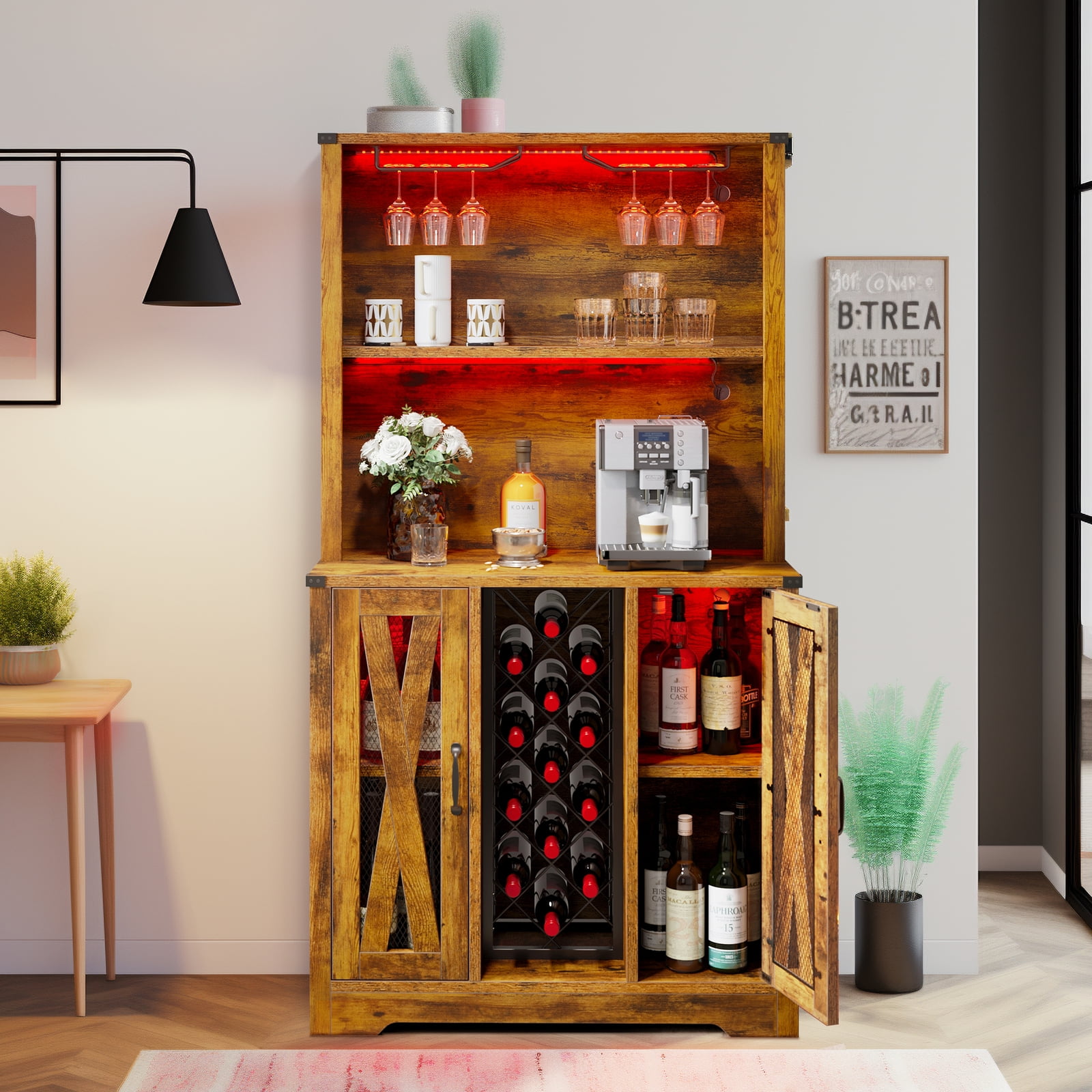 VividVibes Wine Bar Cabinet, LED Farmhouse Liquor Cabinet Coffee Bar ...