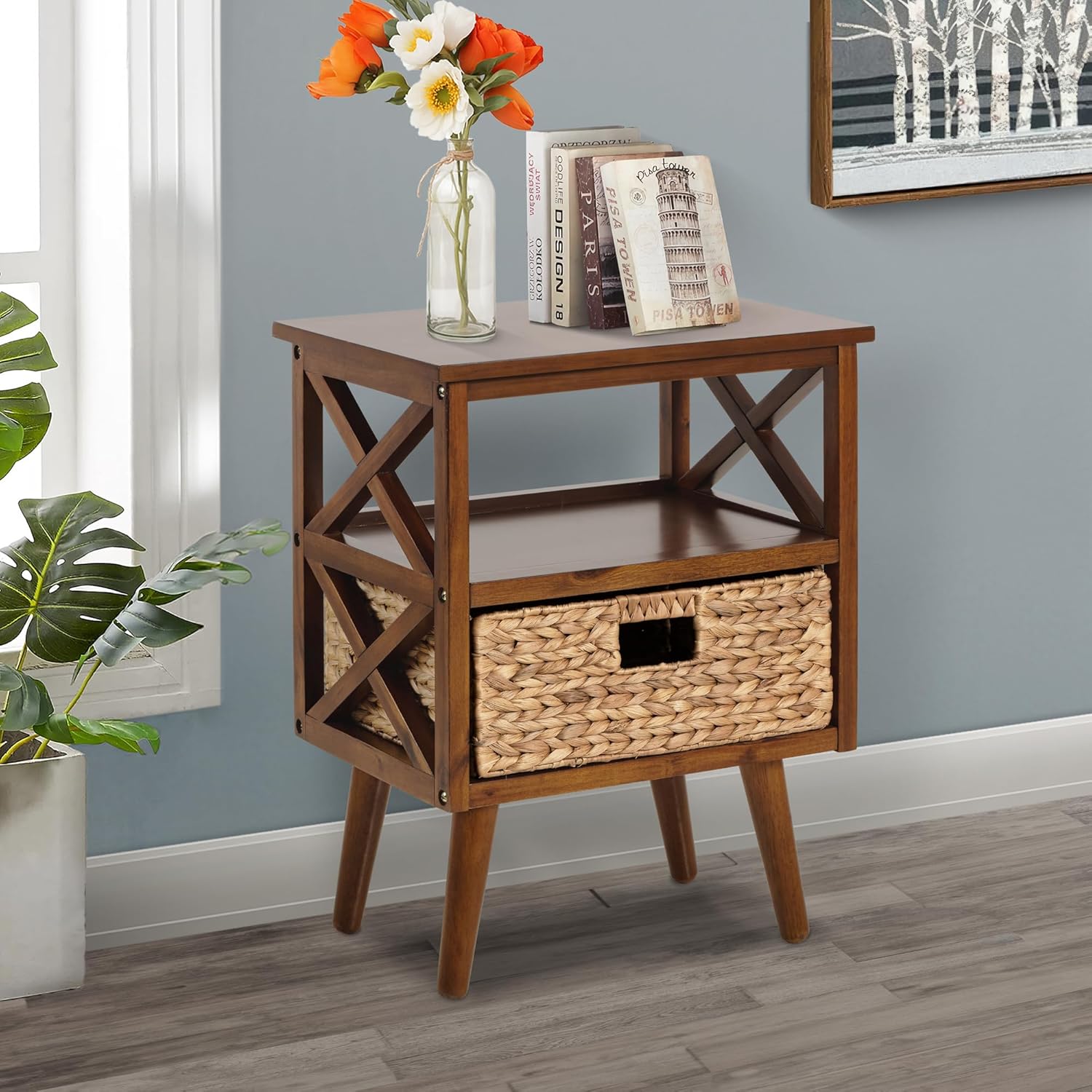 VividVibes X-Side Mid-Century Nightstand End Table with Storage Shelf ...