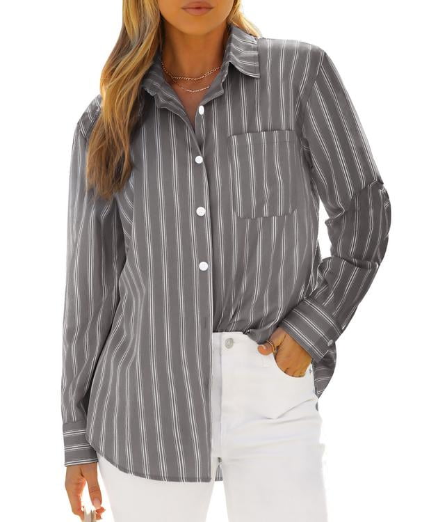 Vividaire Button Down Shirts for Women Long Sleeve Collared Striped ...
