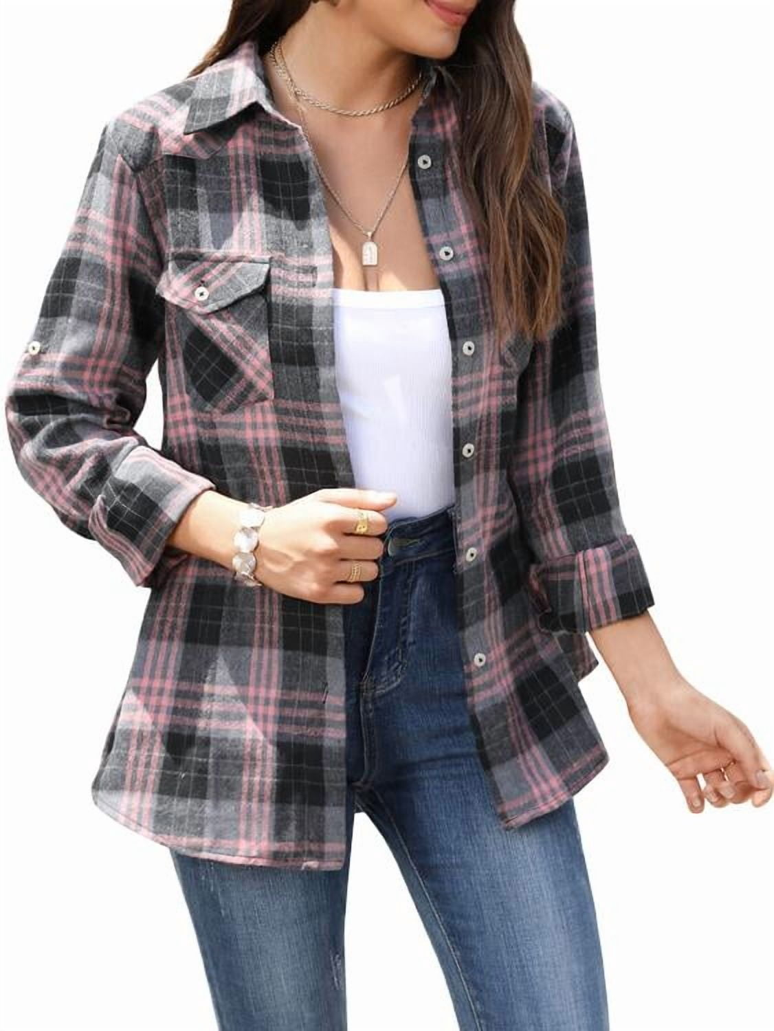 Vividaire Womens Flannel Shirt Plaid Shirts Long Sleeve Casual Button ...