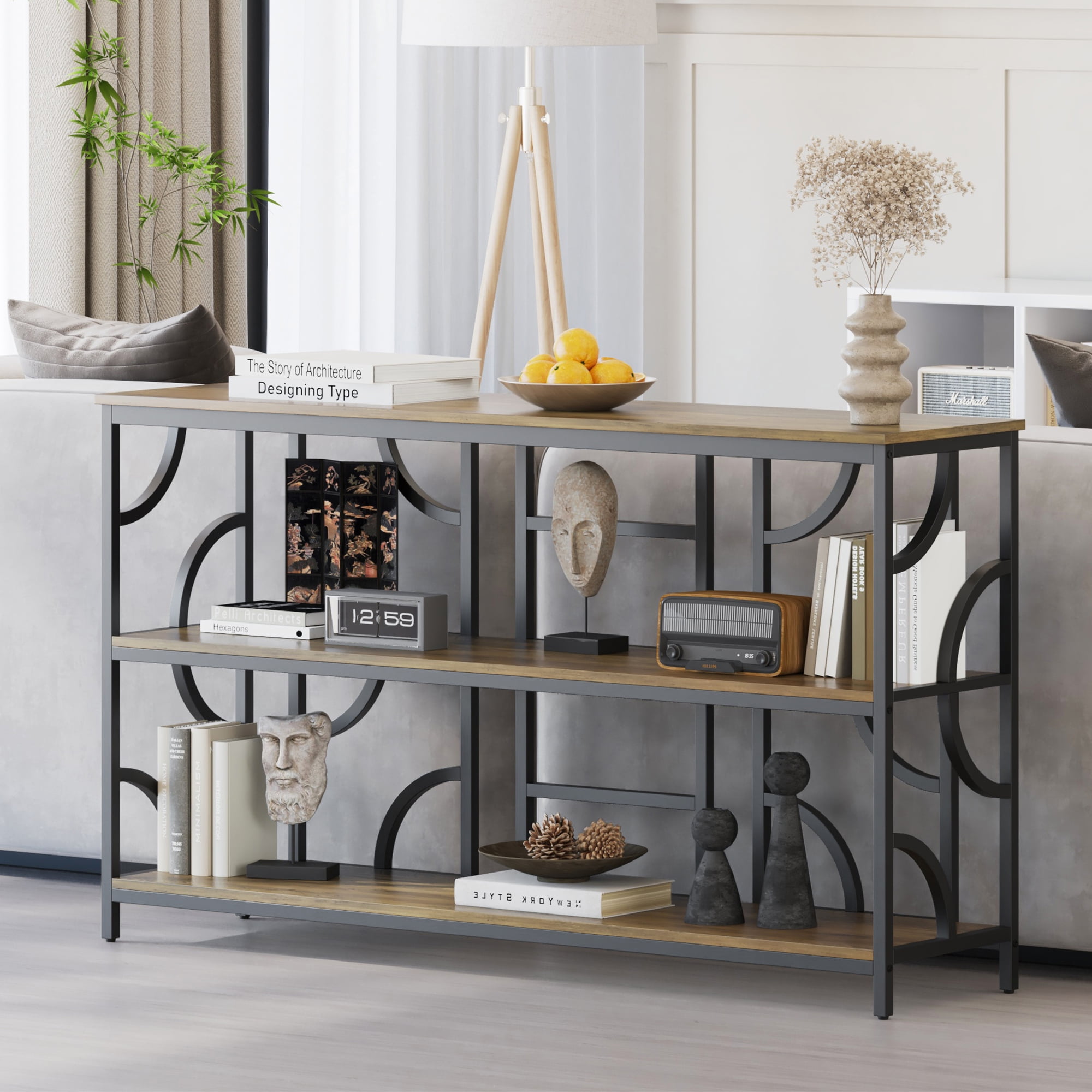 Vividwood 55'' Industrial Sofa Table, 3-Tier Storage Console Table with ...