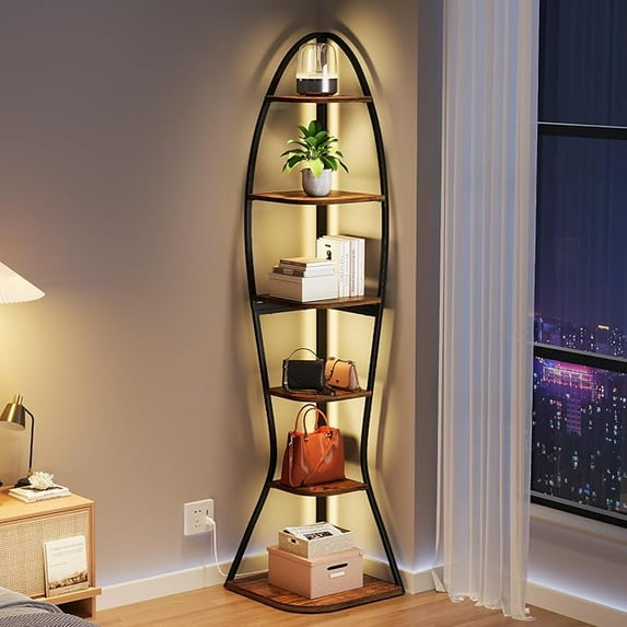 Vividwood Artistic Fish-Inspired Corner Shelf with LED Lights, 6-Tier ...