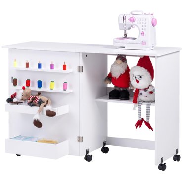 Costway Folding Sewing Table Rolling Craft Station with 3 Storage Bins ...