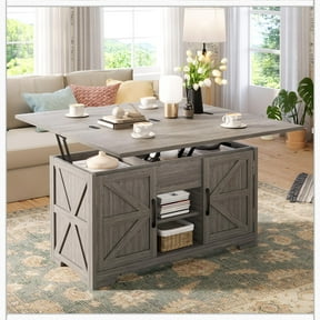 VibrantEcho Farmhouse Square Coffee Table, Beige with Open Storage ...