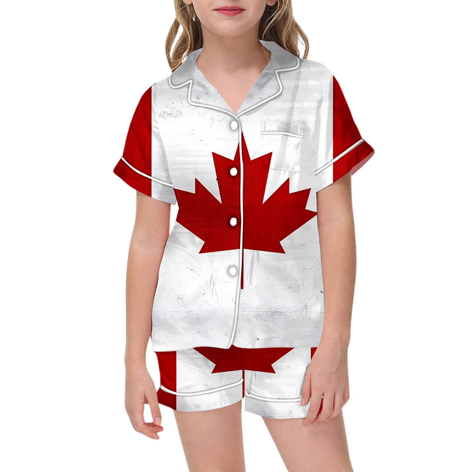 Vividxx Girls Pajamas Canada Day Pajama Set Short Sleeve Button Up Top ...